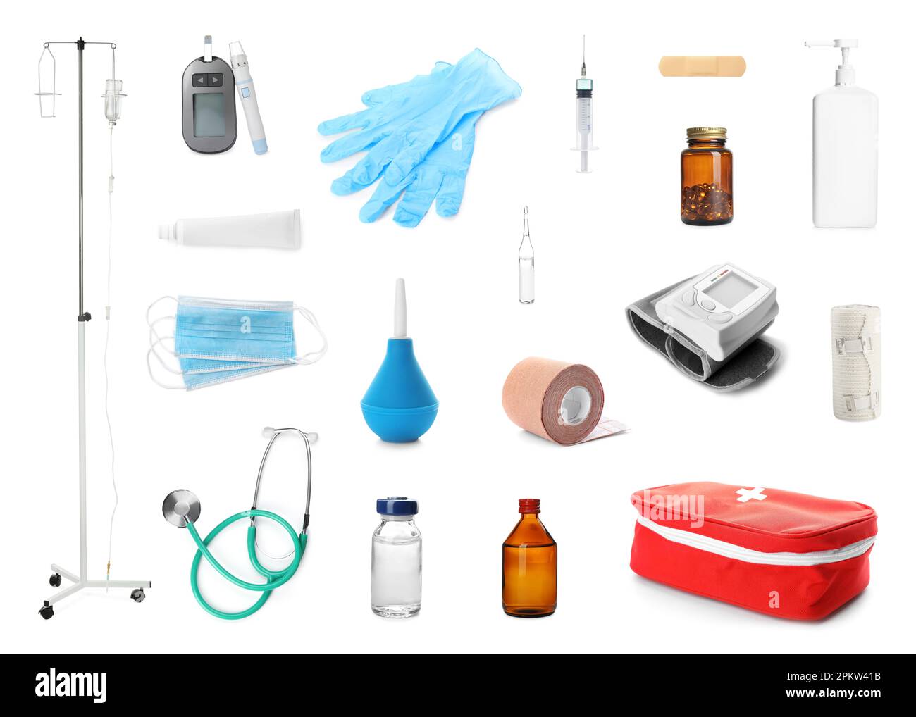 Set with drop counter stand and different medical equipment on white ...