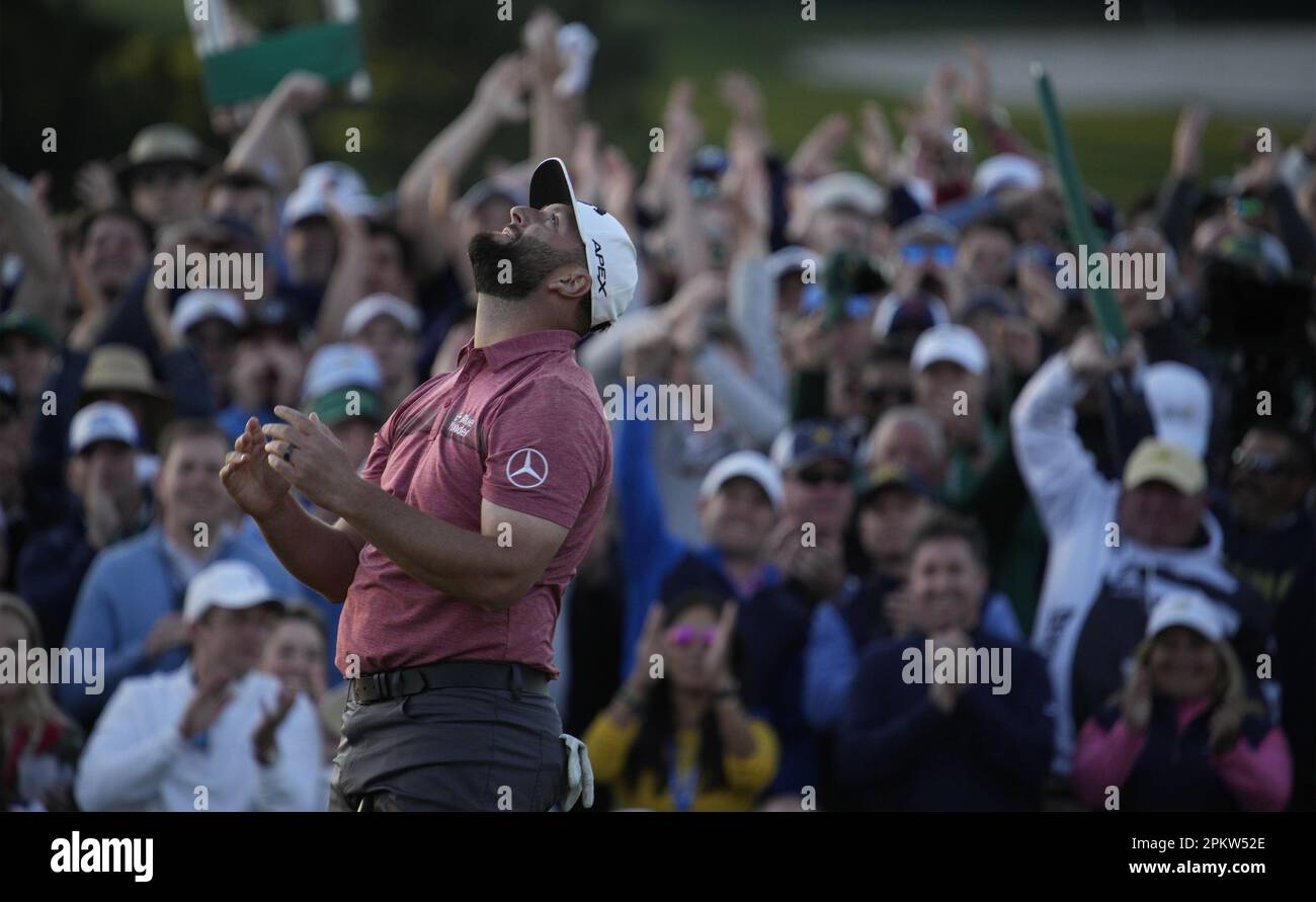 Augusta, United States. 09th Apr, 2023. John Rahm looks skyward after ...