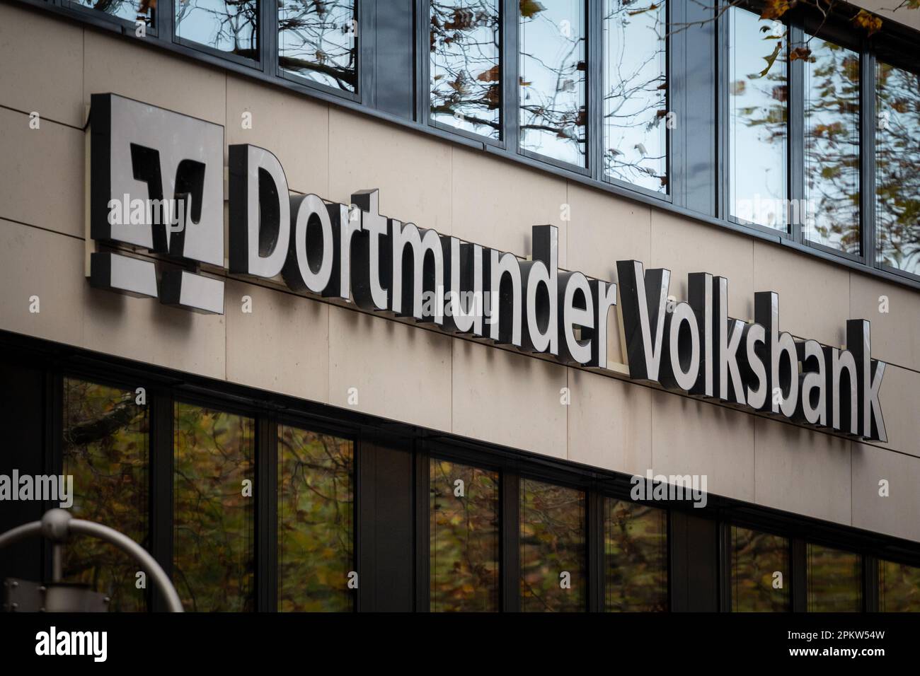 Picture of a sign with the logo of Dortmunder Volksbank on their main ...