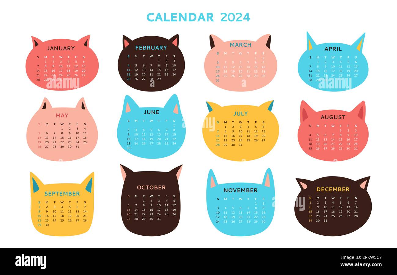 Calendar 2023 Cats head shape template set. Monthly calendar cute kitty ...