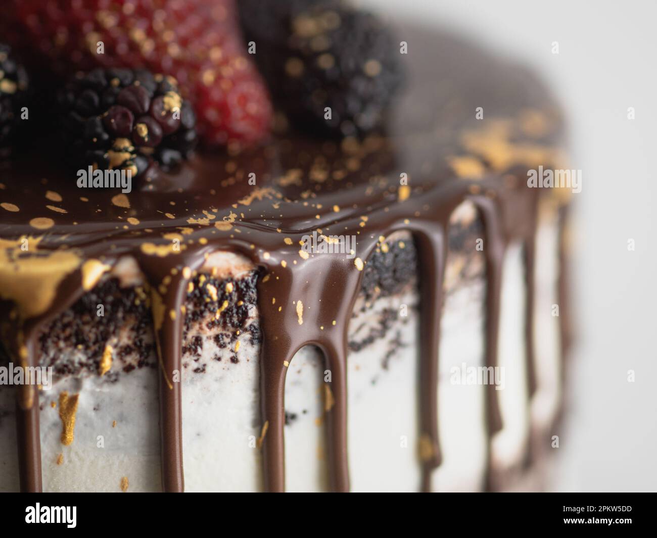 studio shot of chocolate frosted dripped icing cup cake with sweet ...