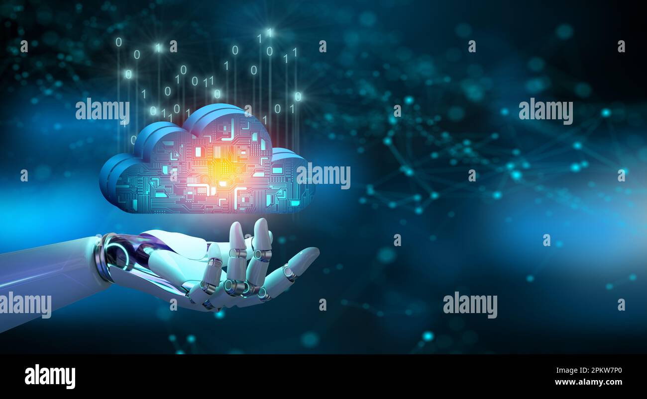 Robot hand holding Cloud computing technology internet storage network ...