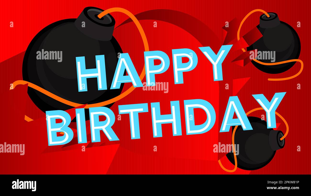 Happy Birthday text with black Bomb. Cartoon Vector Illutration Stock ...