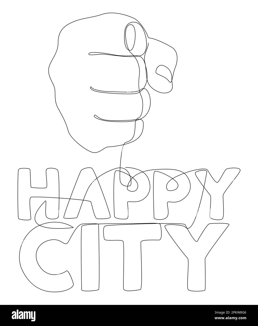 One Continuous Line Of Hand With Happy City Word Thin Line
