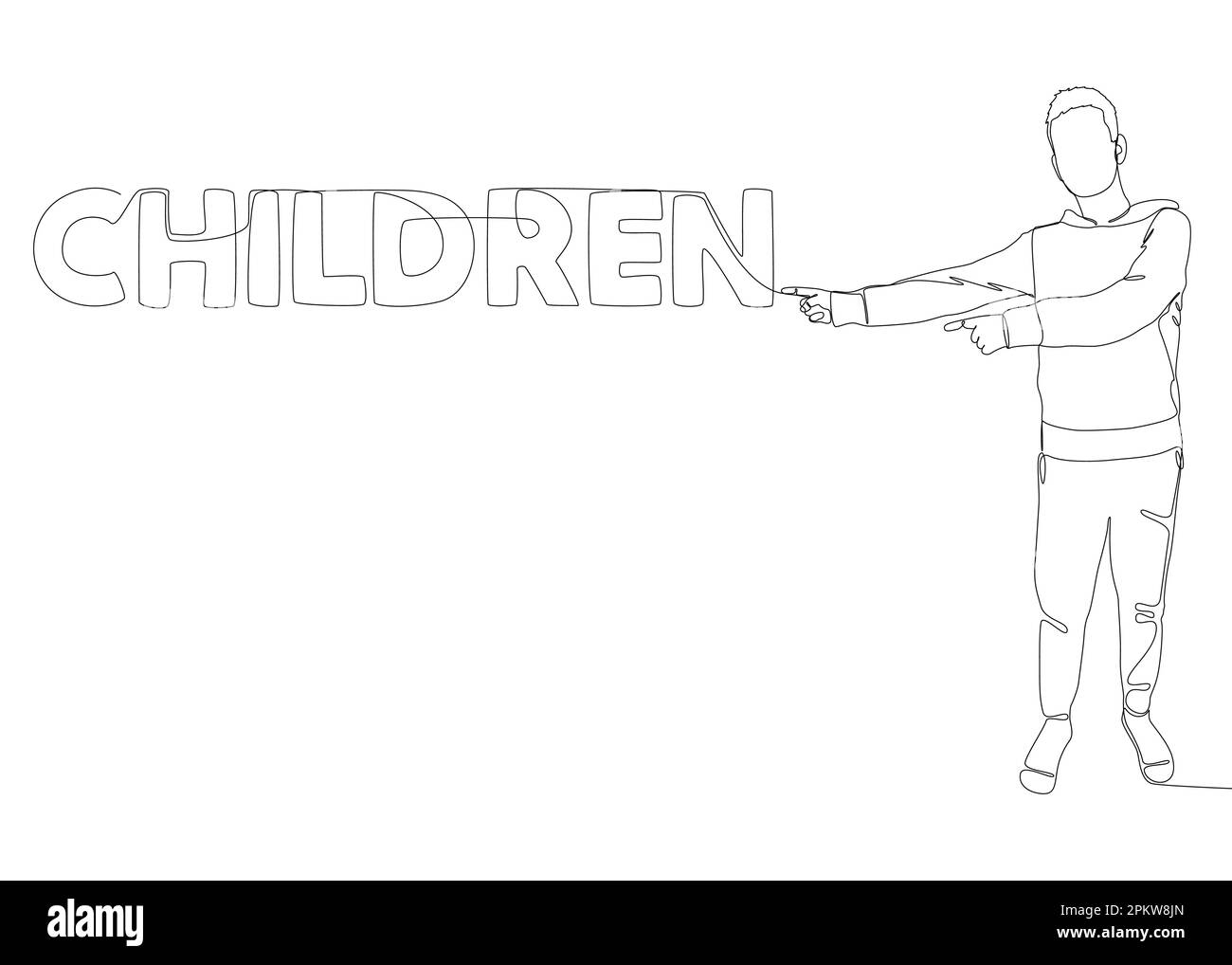 One continuous line of Man pointing with finger at Children word. Thin ...