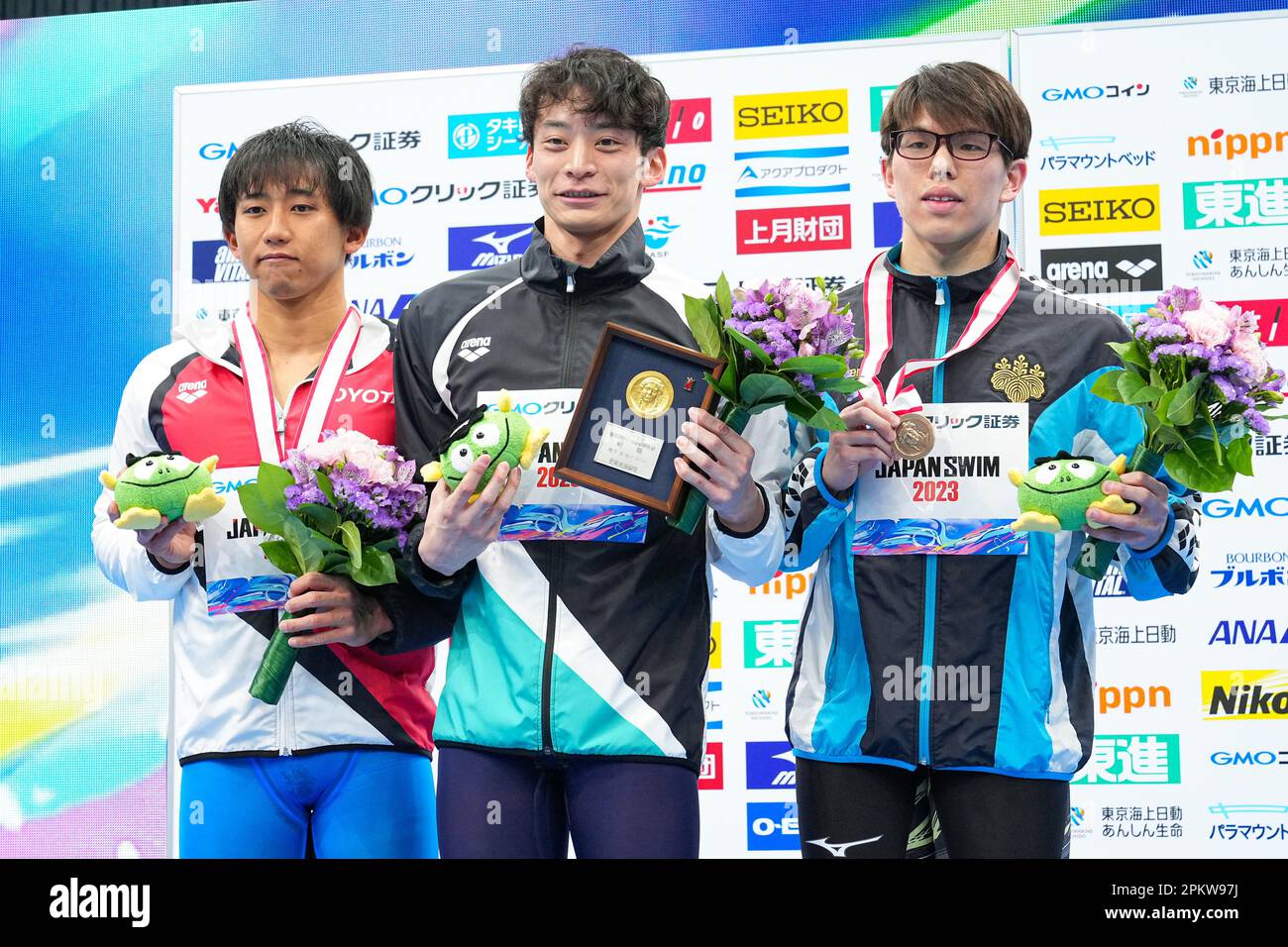 Tokyo, Japan. 9th Apr, 2023. (L-R) Takeshi Kawamoto, Ryosuke Irie, Reo Miura Swimming : Japan ...