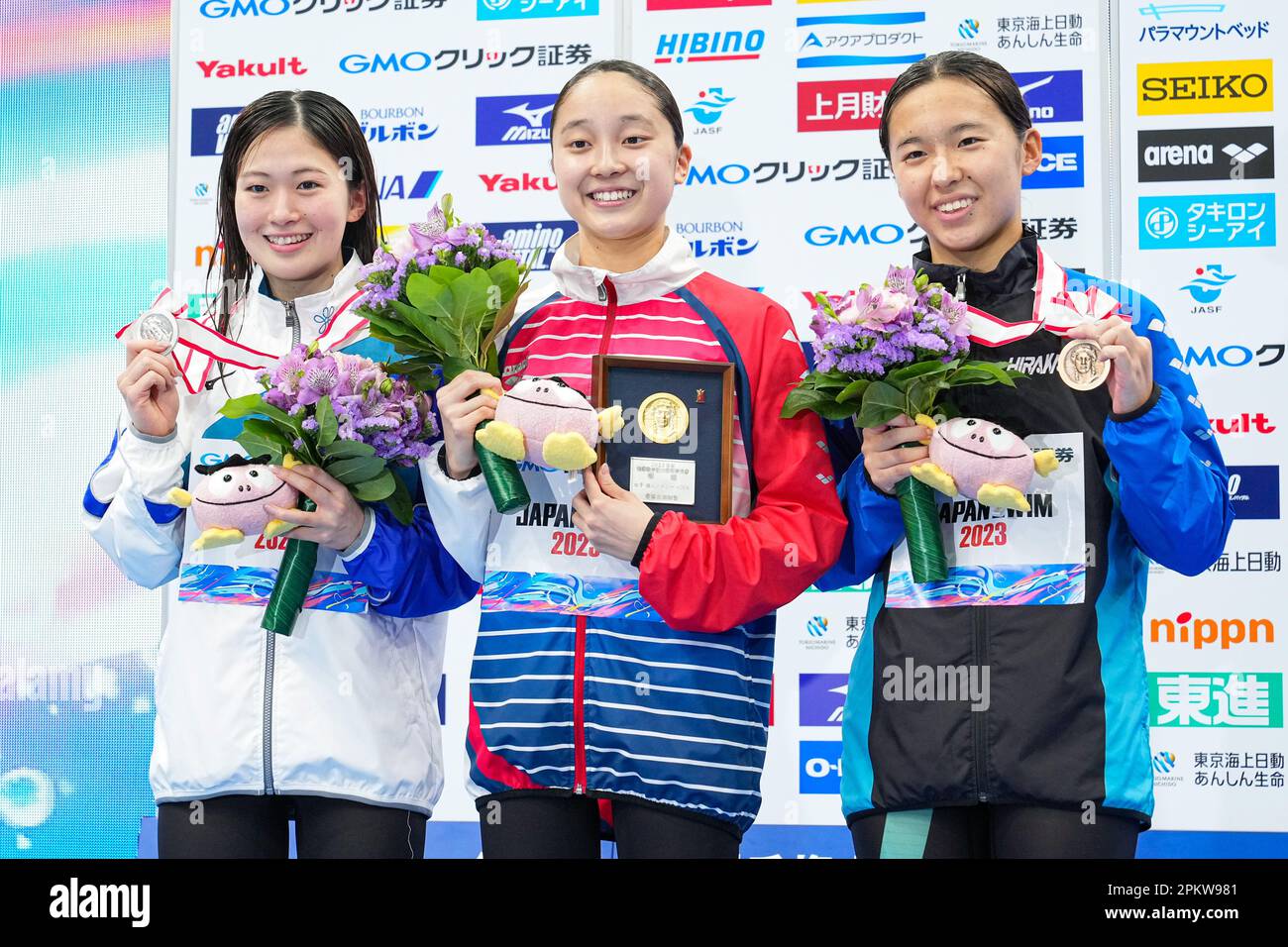 Tokyo, Japan. 9th Apr, 2023. (L-R) Ageha Tanigawa, Mio Narita, Ichika Kajimoto Swimming : Japan ...