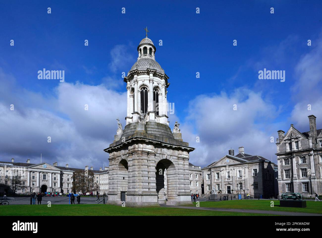 A large campanile at the centre of the old campus of Trinity College ...