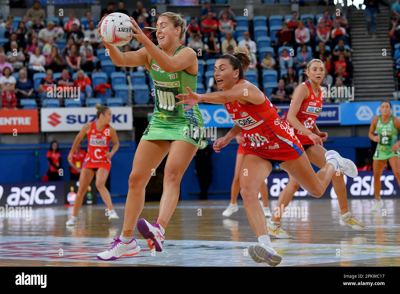 Jess Anstiss of the Fever and Maddy Proud of the Swifts during the ...