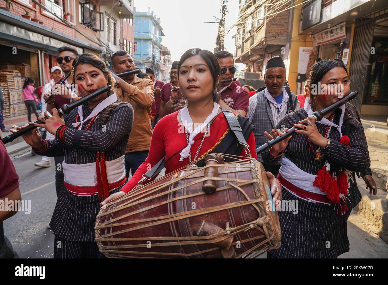 Kathmandu, Nepal. 9th Apr, 2023. Newar people play traditional musical ...