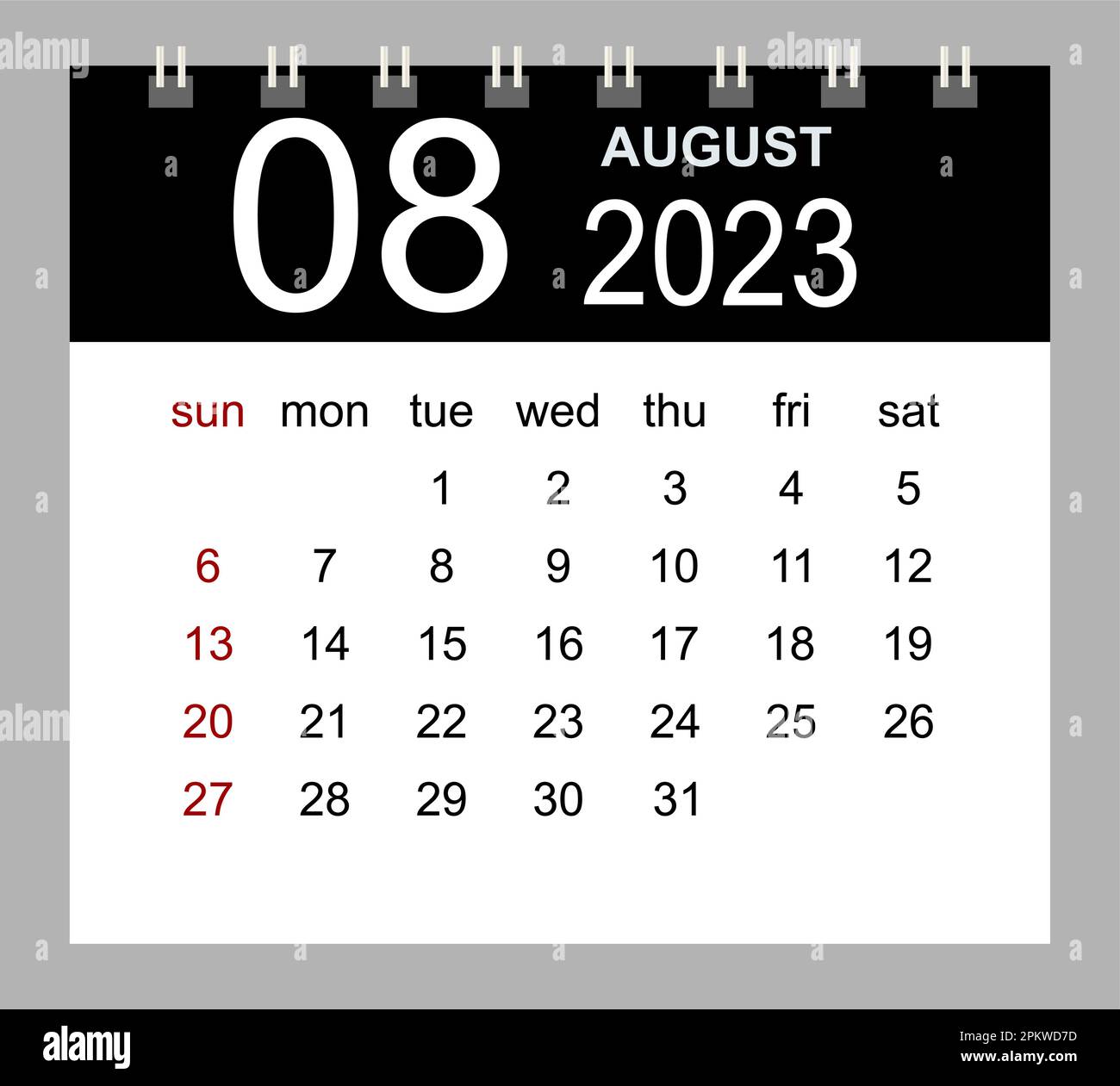 August 2023. Vector monthly calendar template 2023 year in simple style ...