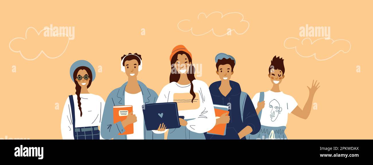 Group of happy positive people, students with textbooks and gadgets ...