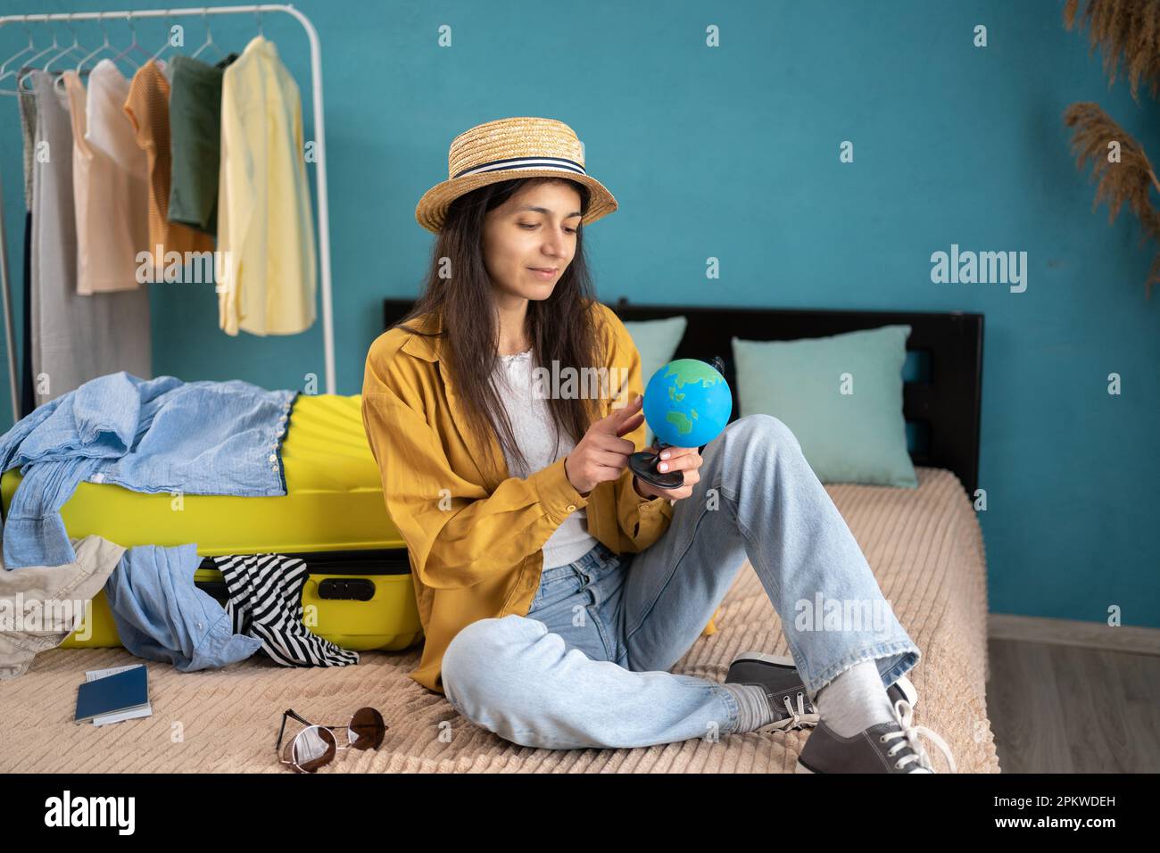 Traveler fun happy smiling tourist woman in casual clothes and hat ...