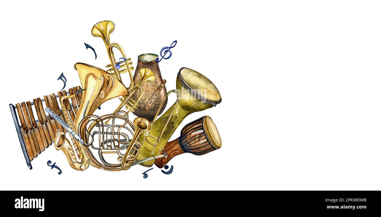 Composition Of Wind Musical Instruments And Drums Watercolor Illustration Isolated Djembe Horn