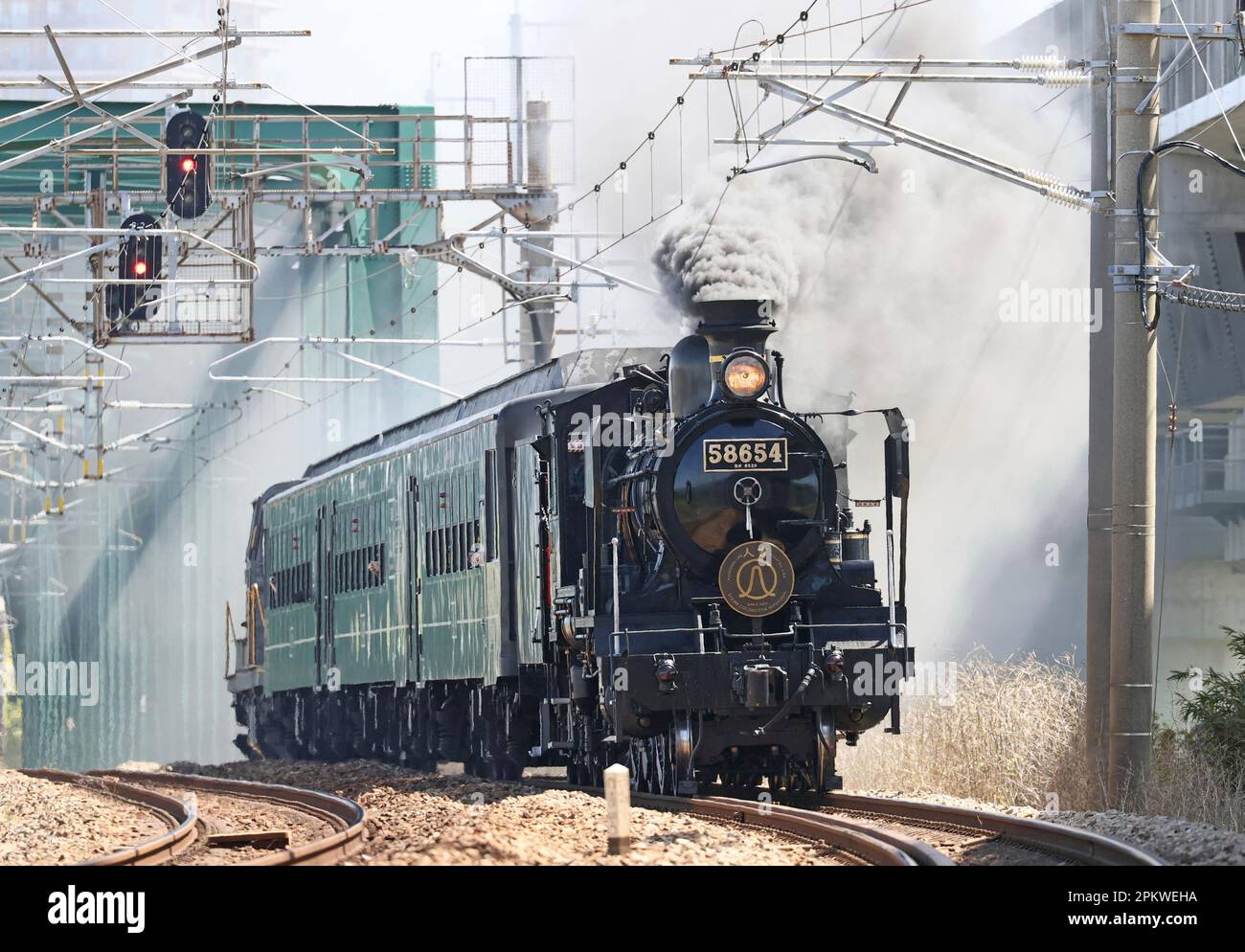 The SL Hitoyoshi runs in Tosu City, Saga Prefecture on April 8, 2023 ...