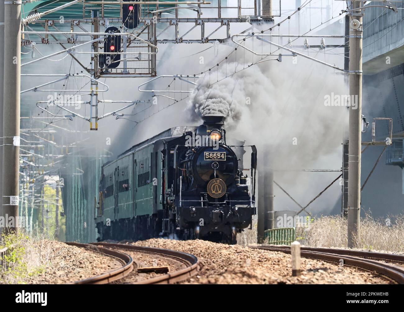 The SL Hitoyoshi runs in Tosu City, Saga Prefecture on April 8, 2023 ...