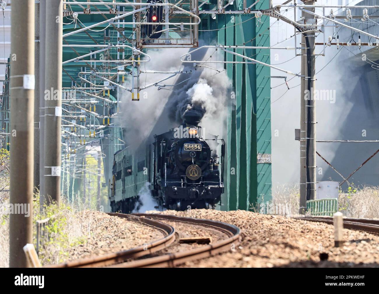 The SL Hitoyoshi runs in Tosu City, Saga Prefecture on April 8, 2023 ...