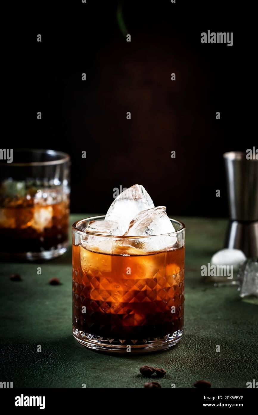Black russian cocktail, alcoholic drink with vodka, coffee liqueur and ...