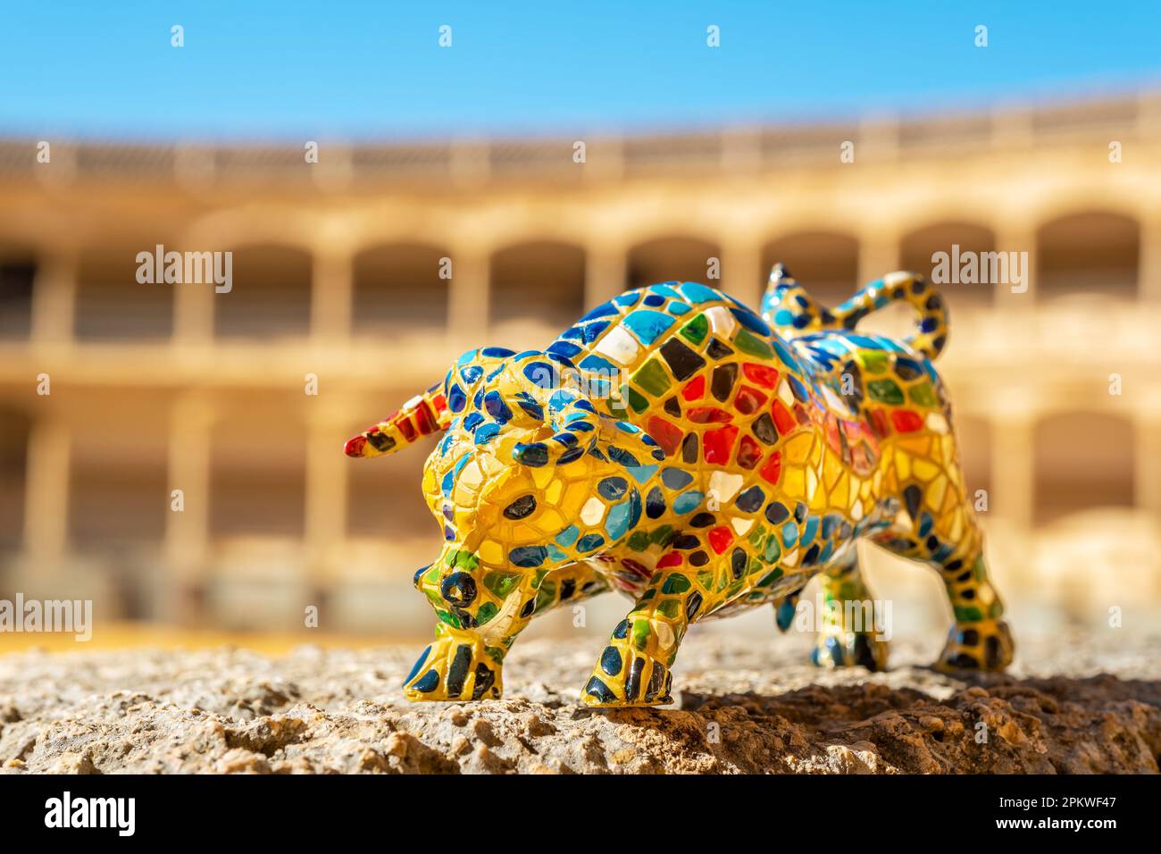 Figurine of a traditional Spanish bull in the Plaza de Toros bullring ...
