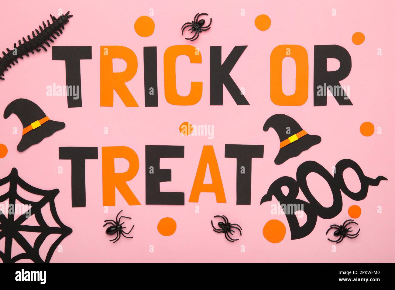 Trick or treat background on beige. Halloween concept. Top view Stock ...