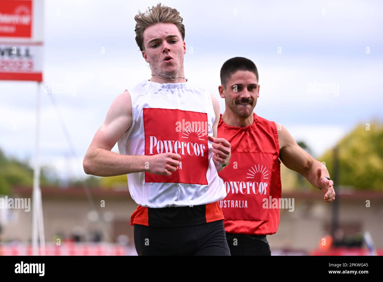 Ryan Tarrant (left) crosses the finish line to win the Stawell Gift 120 ...