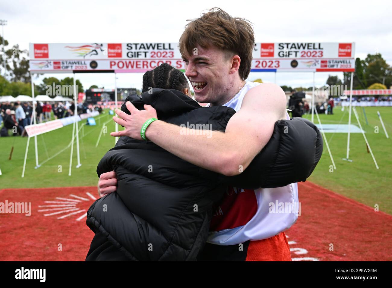 Ryan Tarrant (right) celebrates winning the Stawell Gift 120 Metres ...