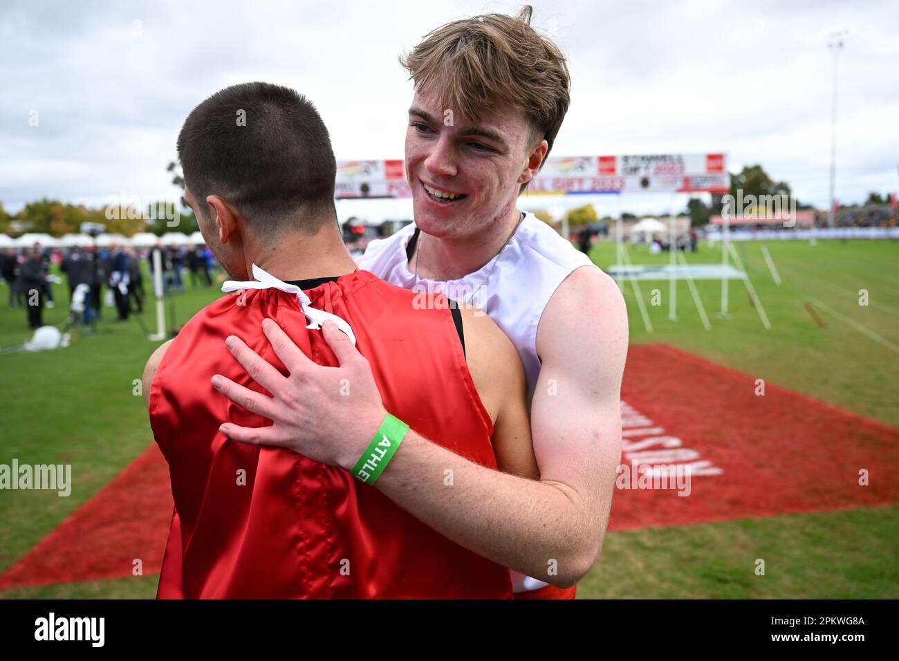 Ryan Tarrant (right) celebrates winning the Stawell Gift 120 Metres ...