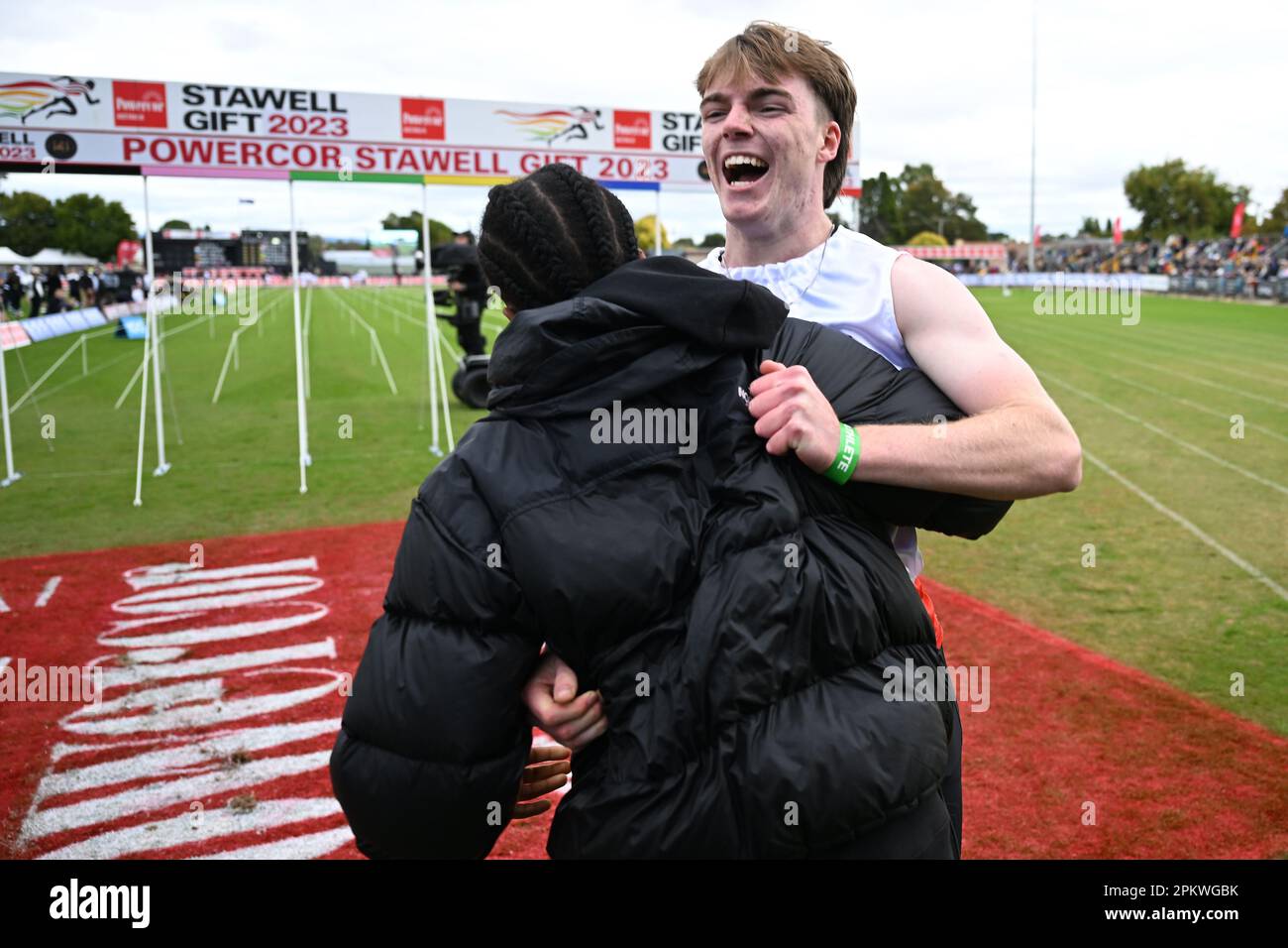 Ryan Tarrant (right) celebrates winning the Stawell Gift 120 Metres ...