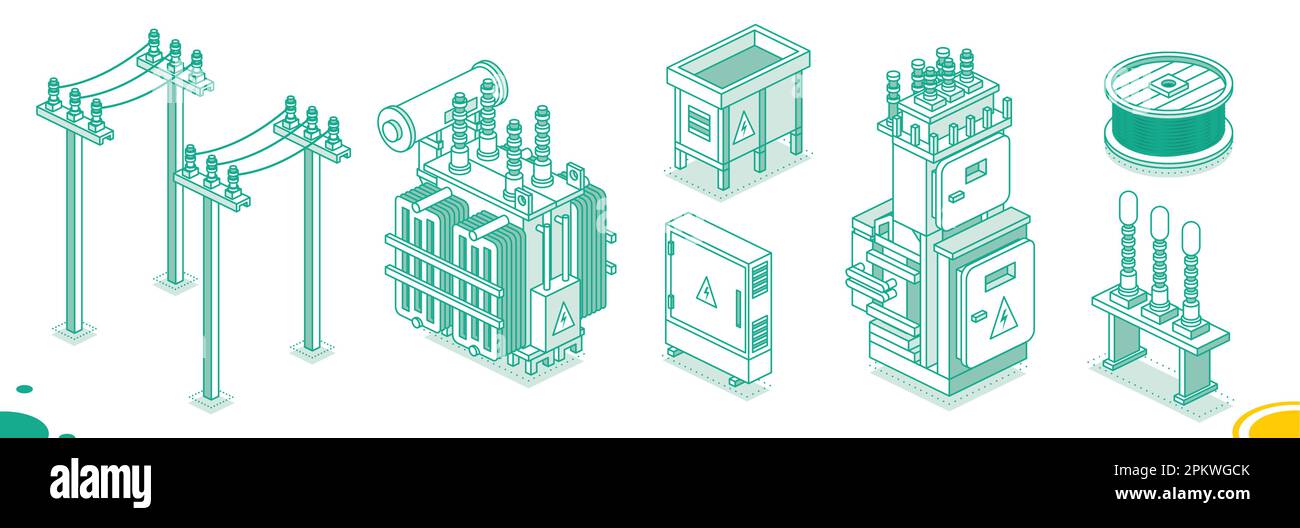 Isometric Electrical Transformer Set. Outline Energy Objects. Vector ...