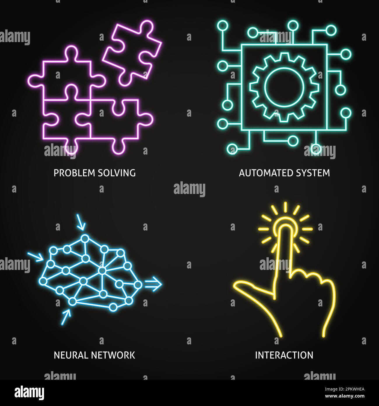 Neural network and automated systems neon icon set. Vector illustration ...