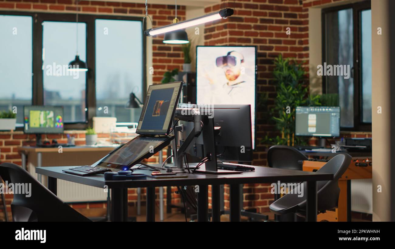 High tech programming office with workstations to plan 3d development ...