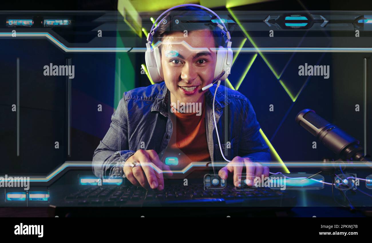 Excited male gamer fully immersed in an intense first-person shooter ...