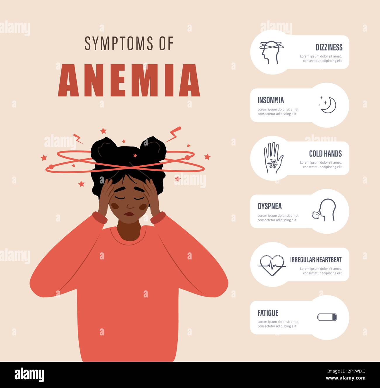 Symptoms of anemia inphographic. Sad african woman with headache and ...