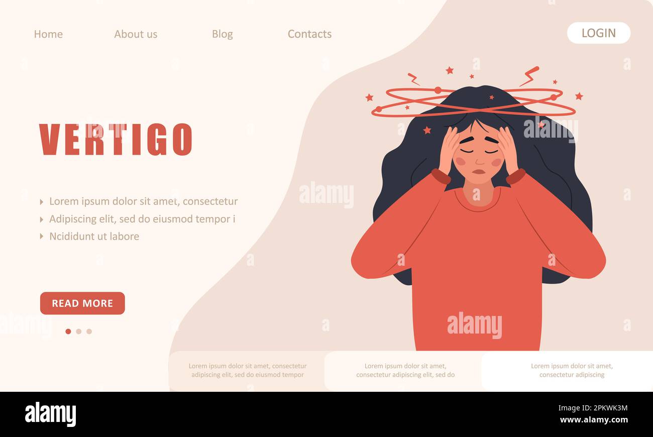 Vertigo concept. Landing page template. Sad woman with dizziness ...