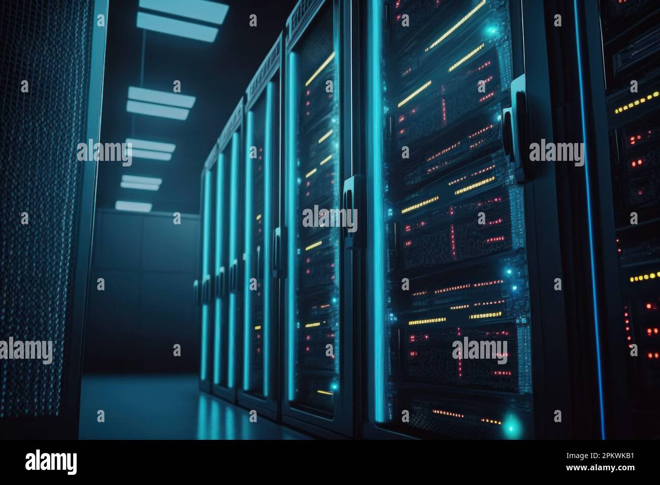 Dark server data center room with computers and storage systems in blue ...