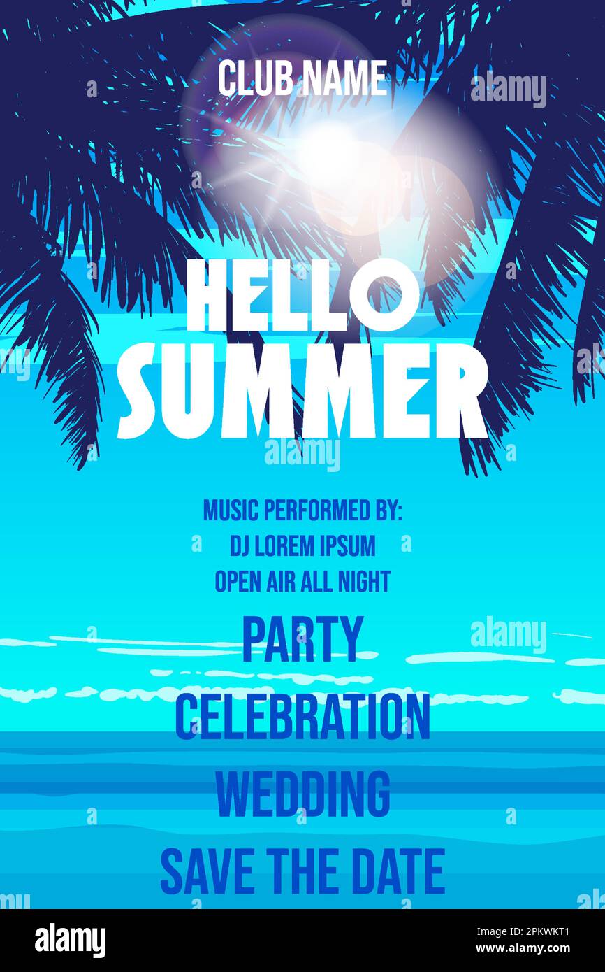 Hello Summer Template Design Beach Palms Party Poster, Flyer Stock ...