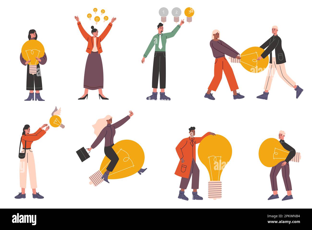 Cartoon people with idea bulb. Searching solution. Funny men and women ...