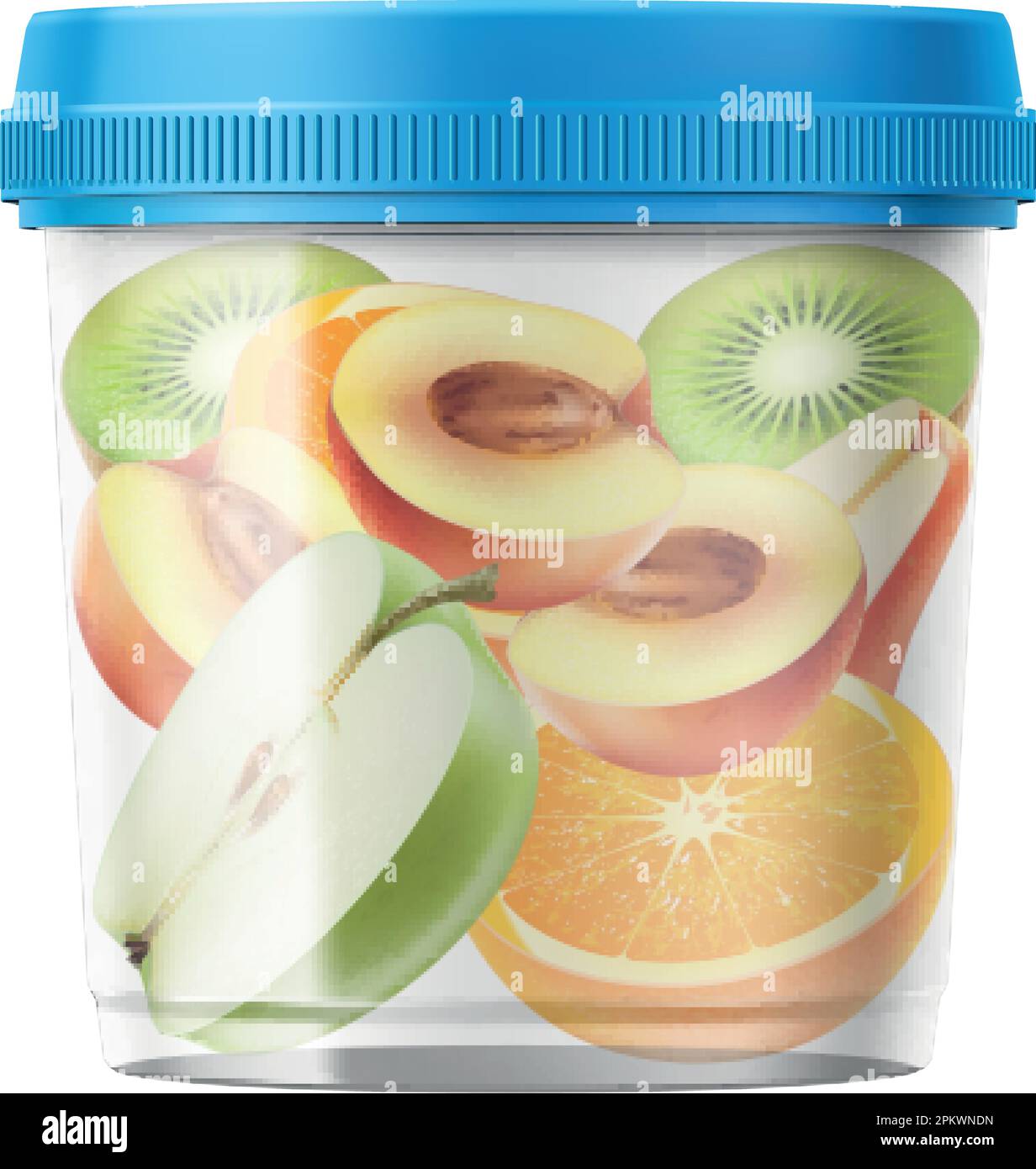 Food container with products. Realistic full plastic circle box. Fruit ...