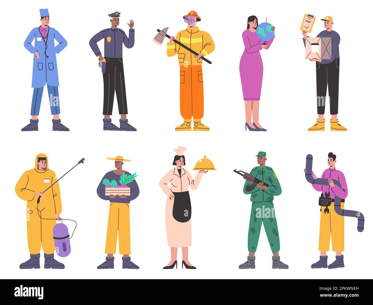 Cartoon essential workers characters. Men or women in overalls. People in uniform. Postman and ...