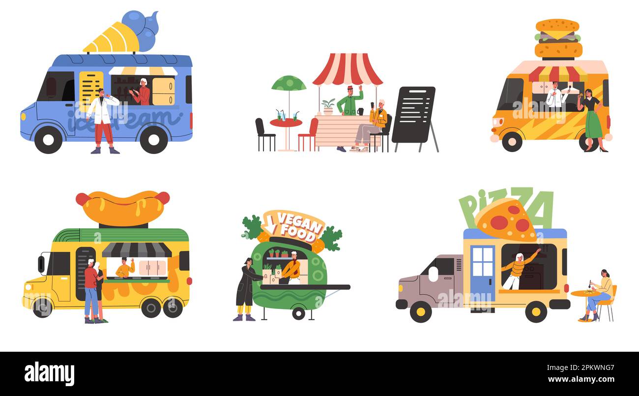 Food trucks. People buy snacks in automobile van cafe. Eateries on ...