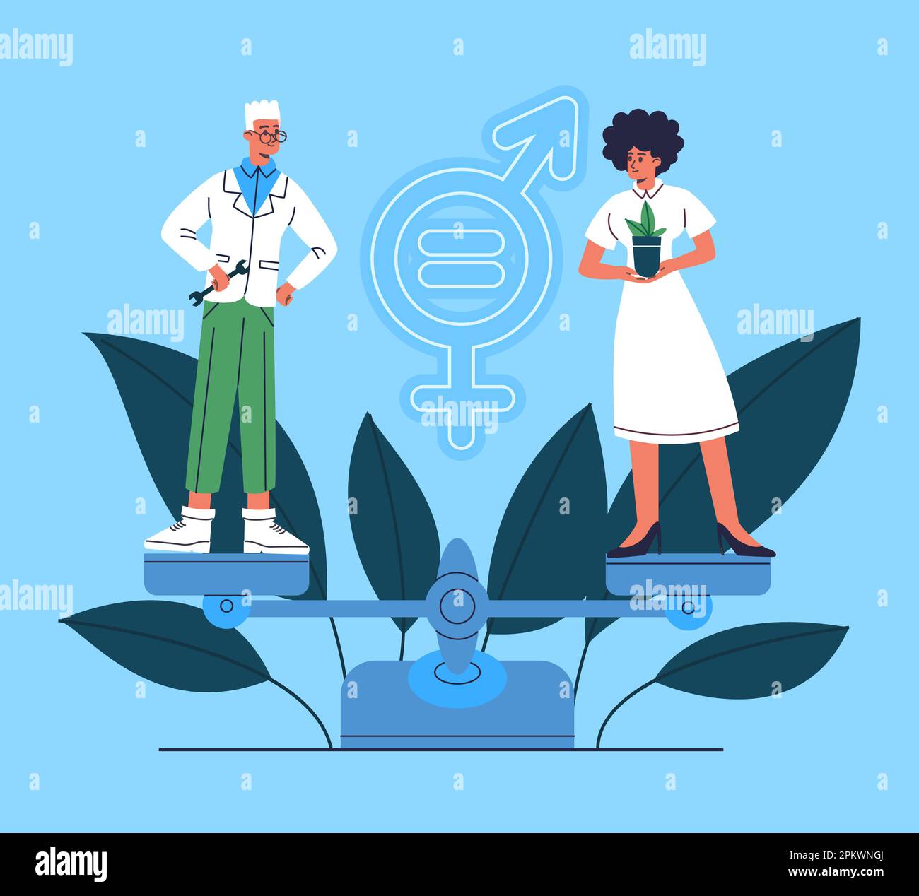 Gender equality. Man and woman on scales. Equivalent roles in society ...