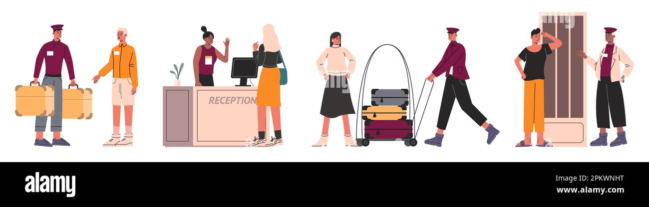 Cartoon hotel visitors. Guesthouse employees. Motel workers and guests ...