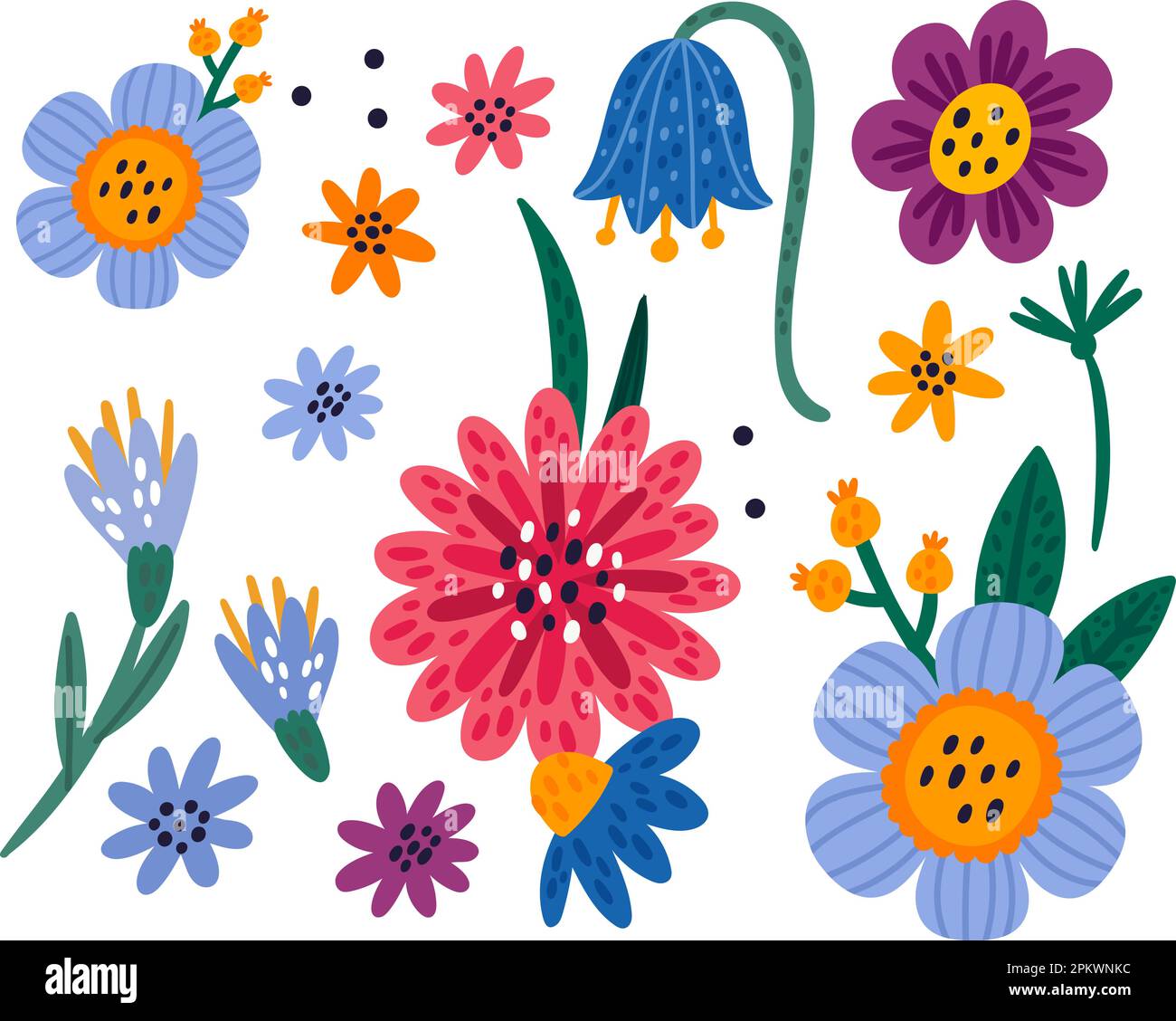 Funny cartoon flowers. Doodle blooming plants. Field or garden blossoms ...