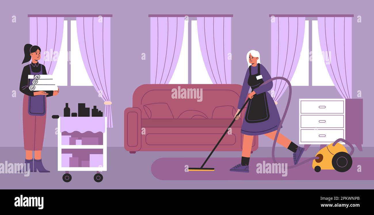 Maids cleaning hotel room. Guest house staff in uniform vacuuming and ...