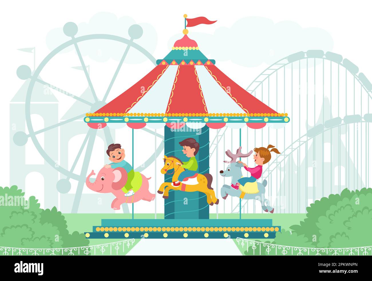 Happy children in amusement park. Happy kids on round carousel. Boys or ...