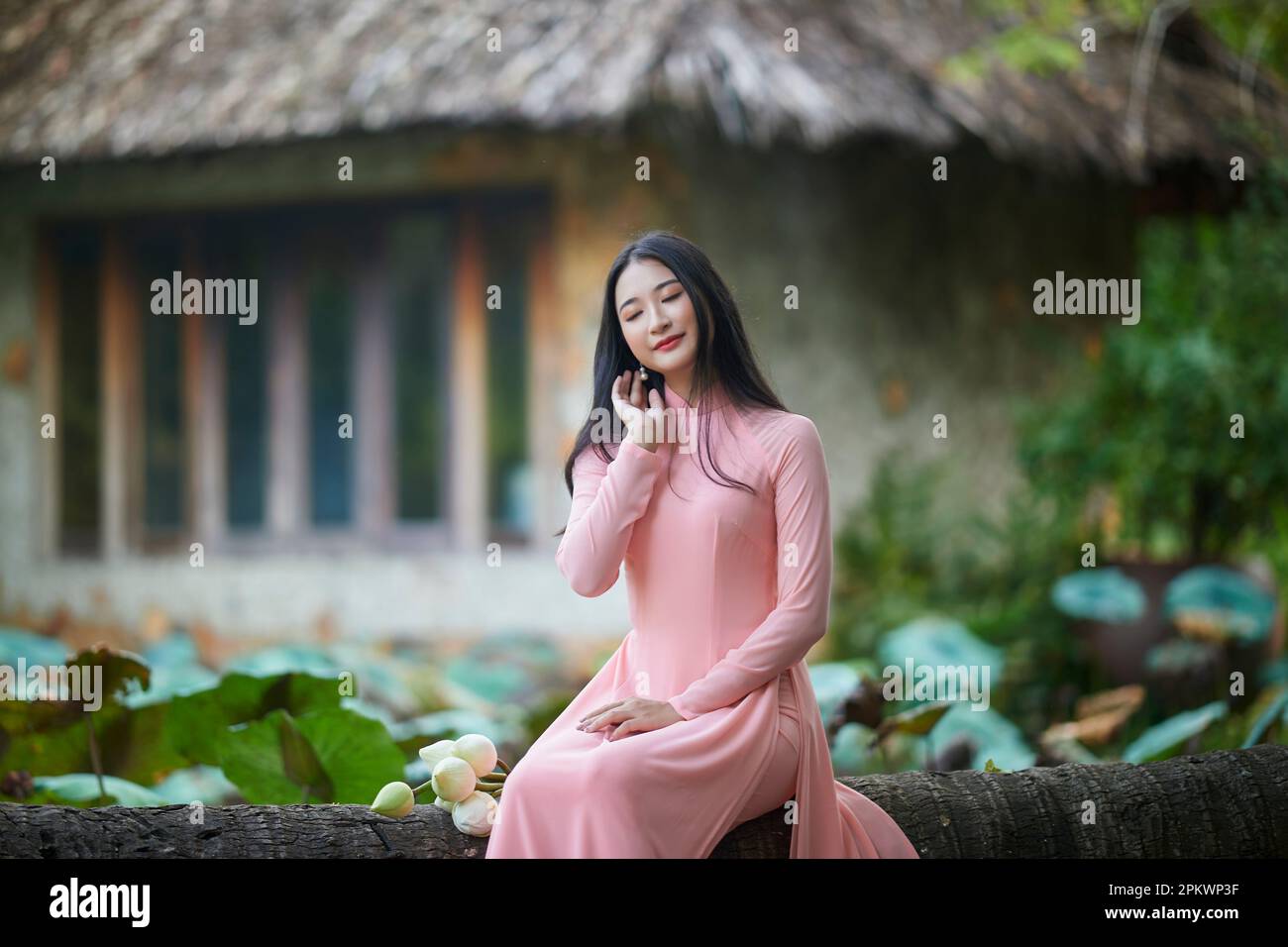 Ho Chi Minh city, Viet Nam: Portrait of a Vietnamese girl wearing a traditional Ao Dai Stock ...