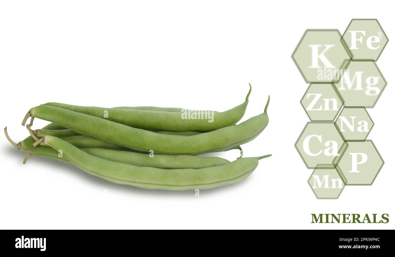 fresh ripe green bean pods isolated on white background with marking of ...
