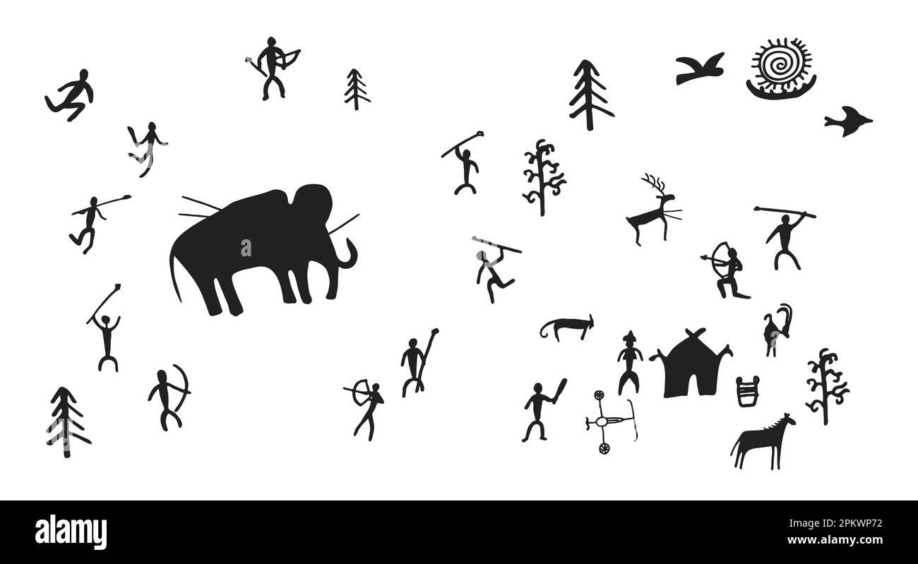 Cave painting prehistoric rock art hand drawn sketch style vector ...