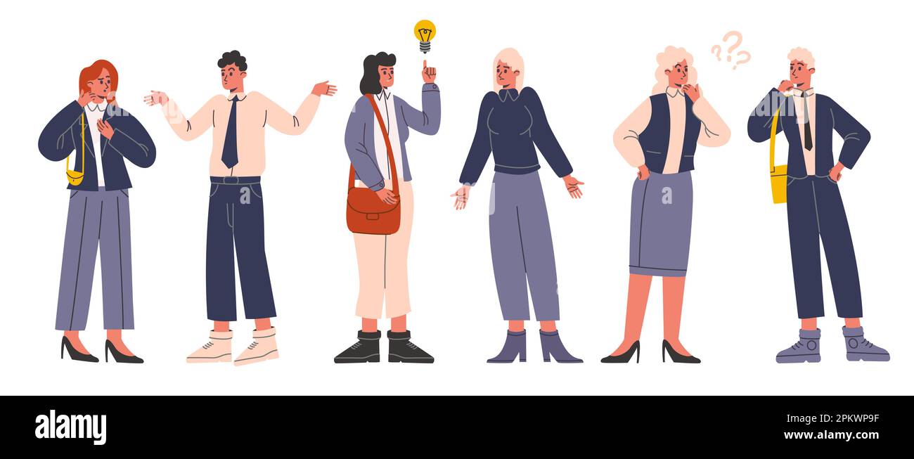 Thoughtful people. Doubting men and women in office suits ...