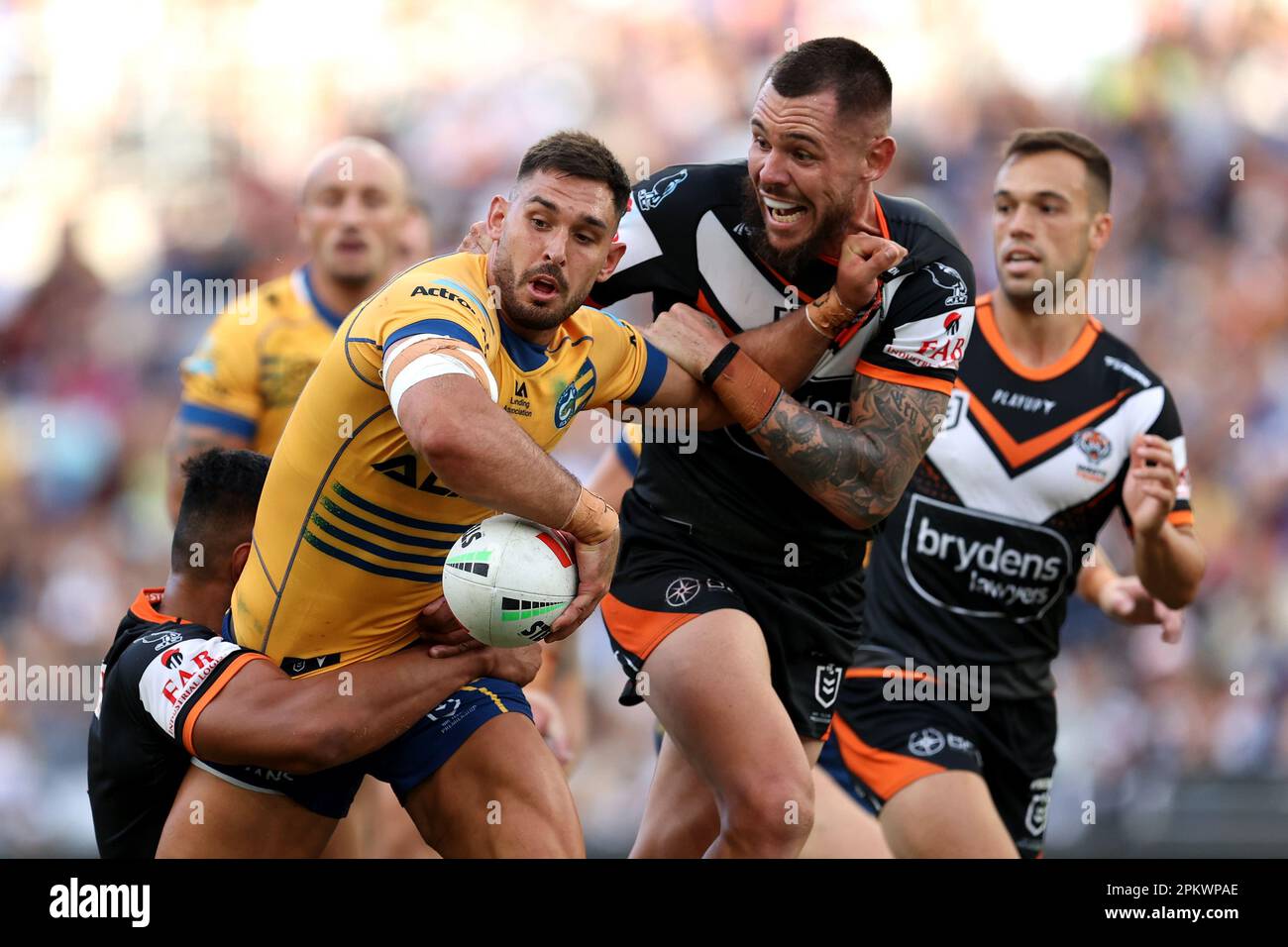 Ryan Matterson of the Eels offloads the ball during the NRL Round 6 ...